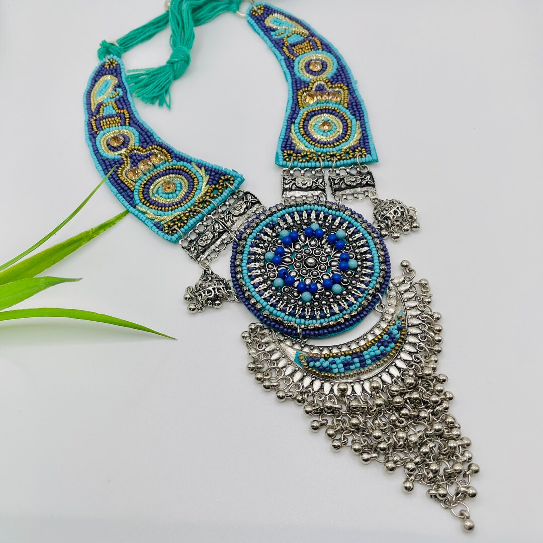 Diwali Jewelry, Indian Oxidized Necklace, Embroidery Necklace, India ...
