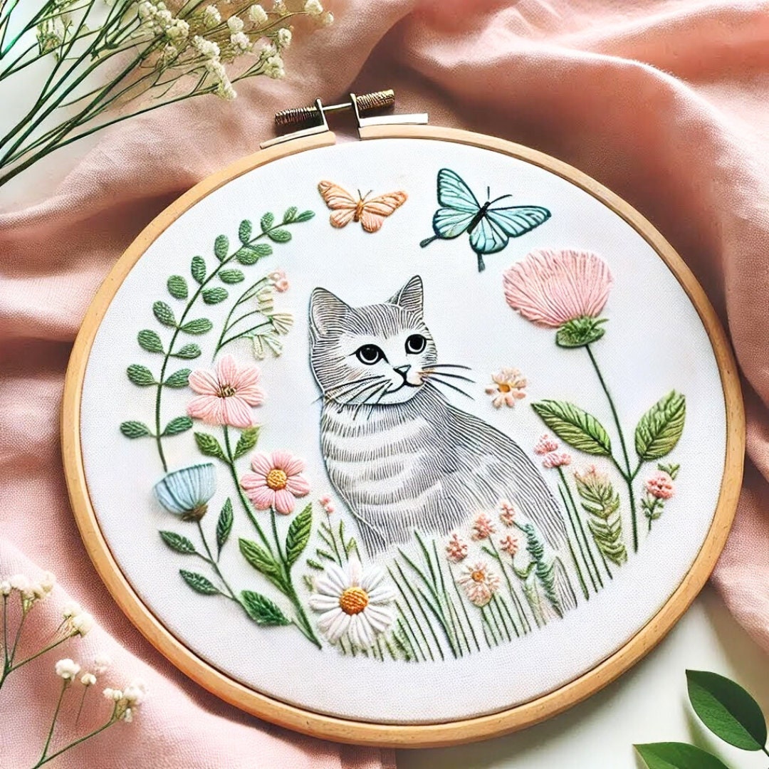 Cat Floral Hand Embroidery Pattern Cat Lover Embroidery Pattern Animal ...