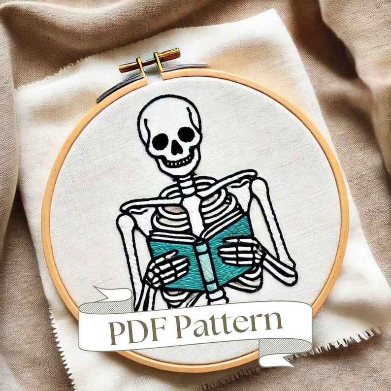 Skeleton Reading Book Embroidery Design Book Lover Embroidery Skeleton ...
