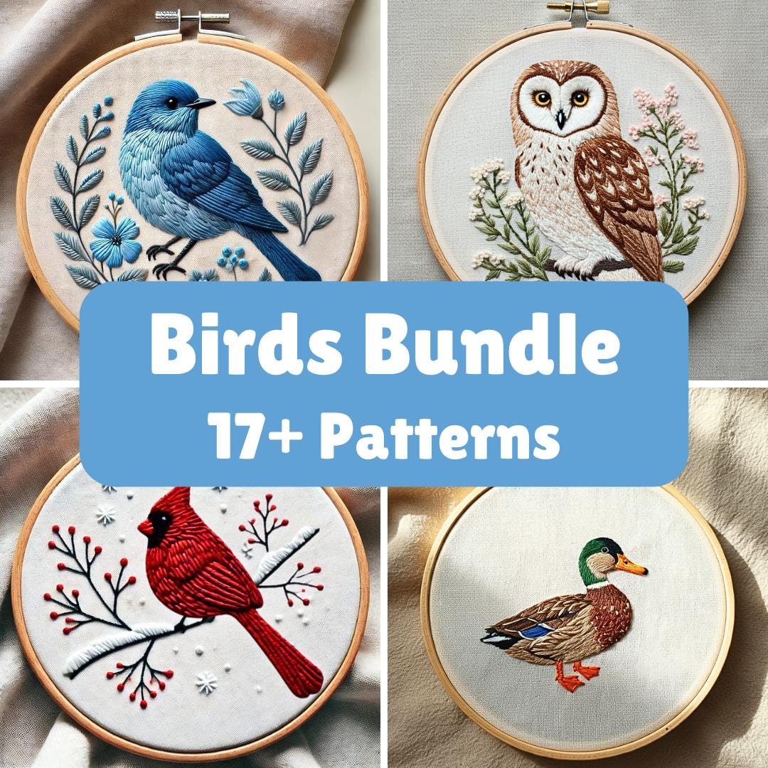 MINI BUNDLE Bird Hand Embroidery Pattern Bundle Blue Bird Embroidery ...