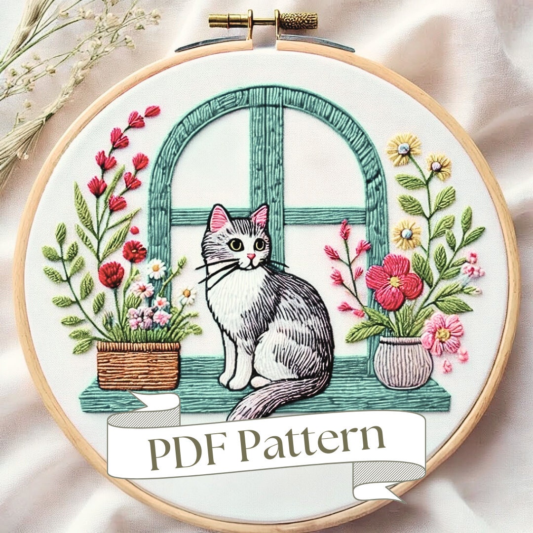 Cat & Floral Hand Embroidery Pattern: DIY Animal Design (PDF Pattern ...