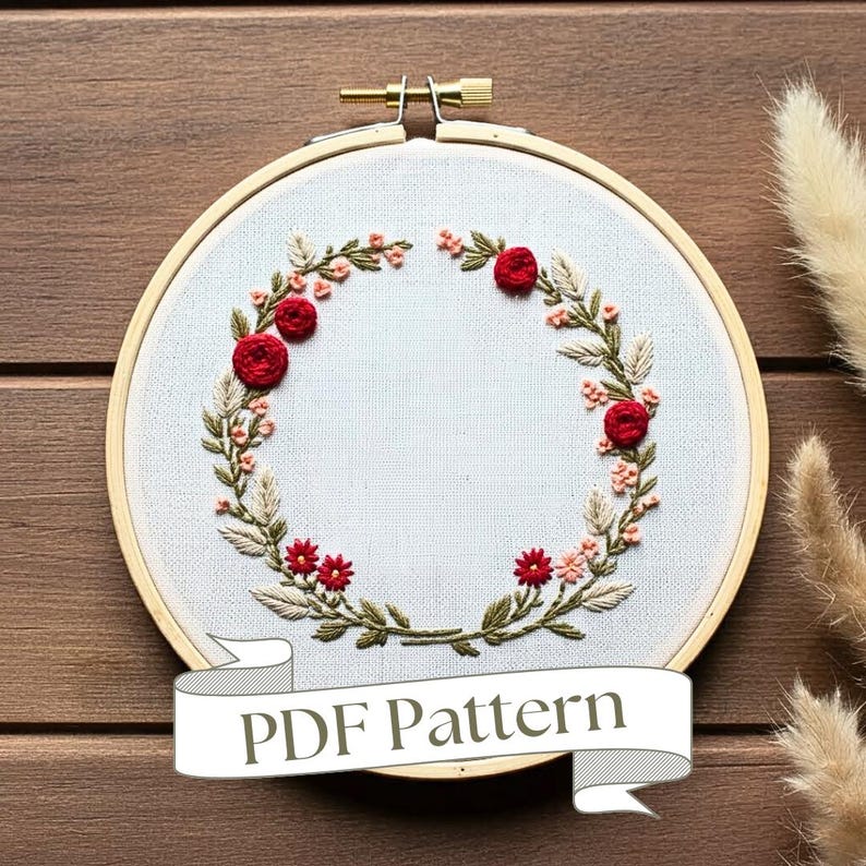 Red Floral Wreath Embroidery Pattern, Beginner DIY (PDF Pattern) - Etsy