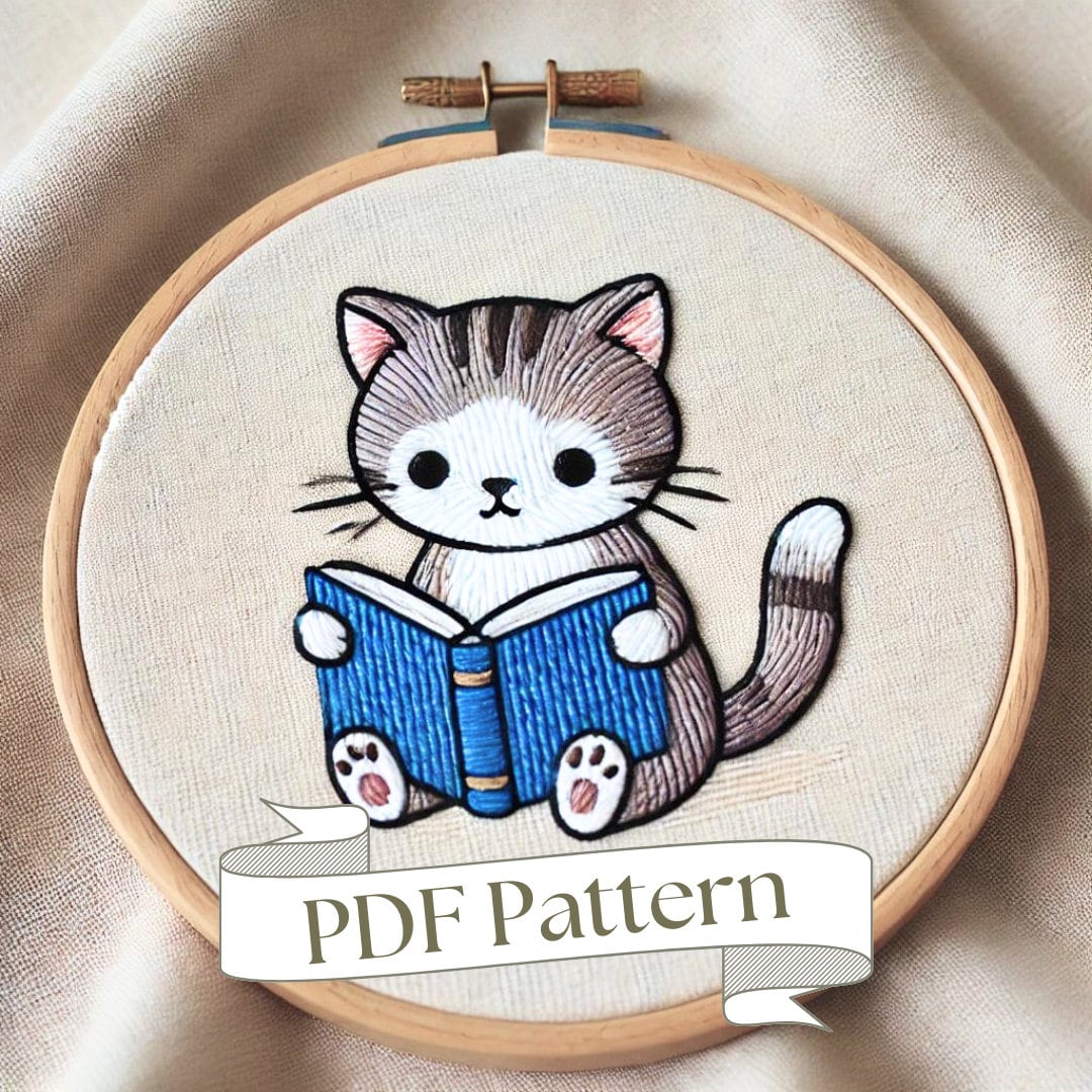 Cat Reading Book Embroidery Pattern, Beginner DIY (PDF Pattern) - Etsy