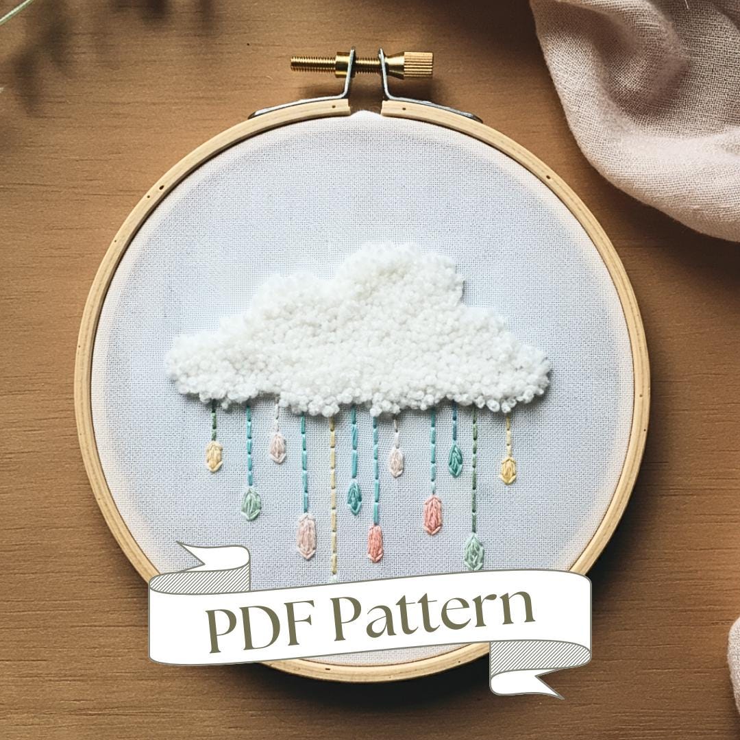Cloud Embroidery Pattern: Rainbow Raindrops, Beginner DIY (PDF Pattern ...