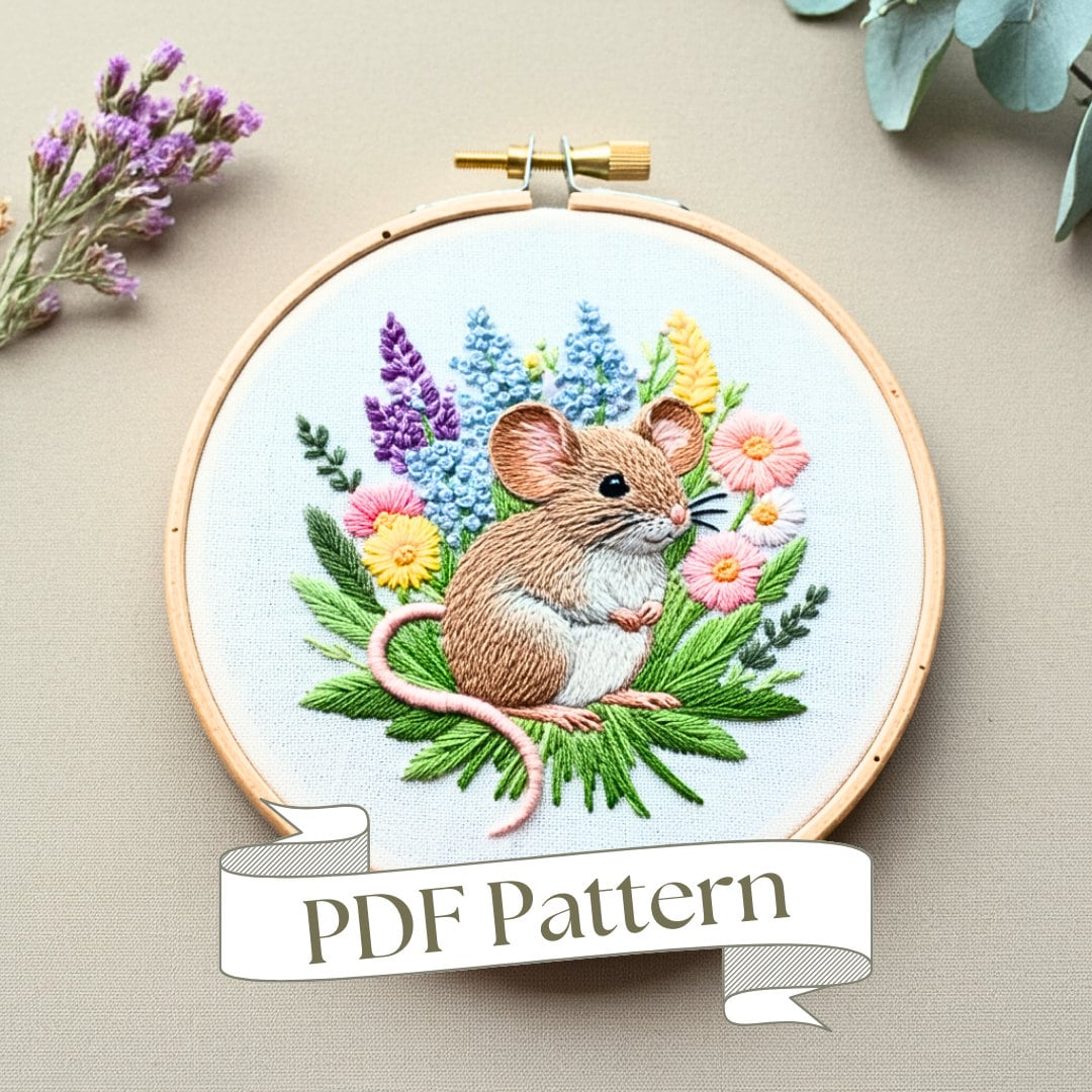 Mouse Floral Hand Embroidery Pattern Mouse Embroidery Pattern Animal ...