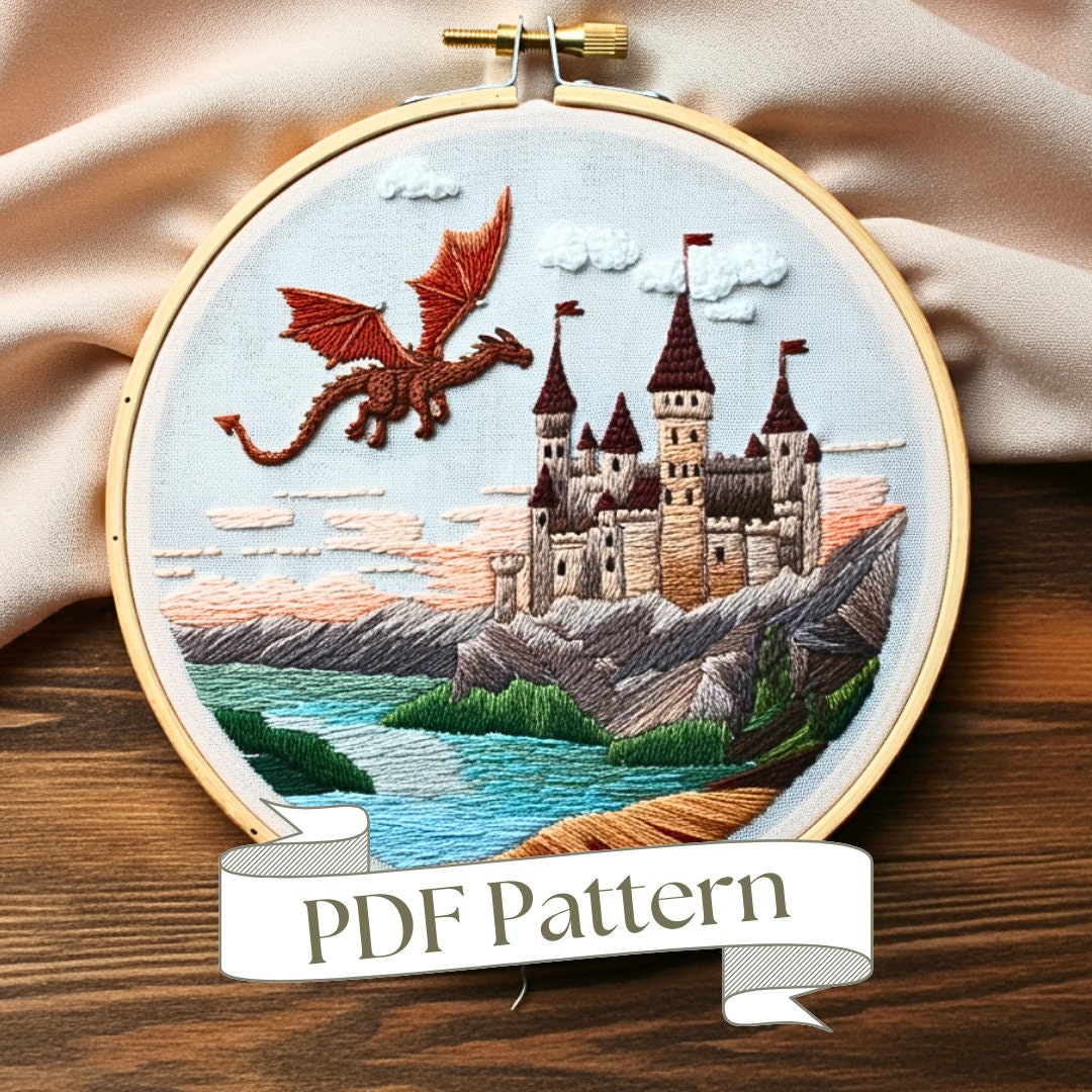 Dragon and Castle Hand Embroidery Pattern (PDF) - Etsy