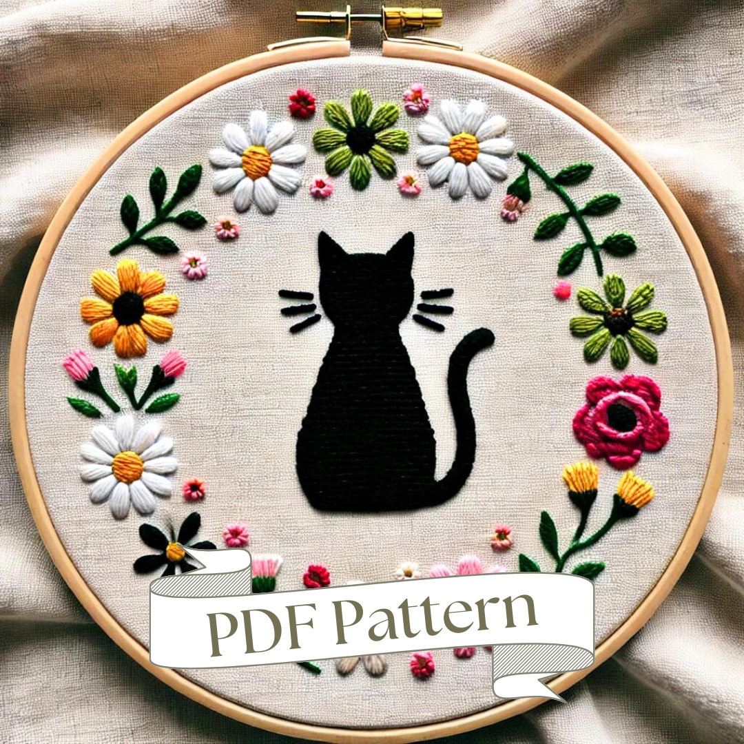 Cat Floral Hand Embroidery Pattern Cat Lover Embroidery Pattern Animal ...