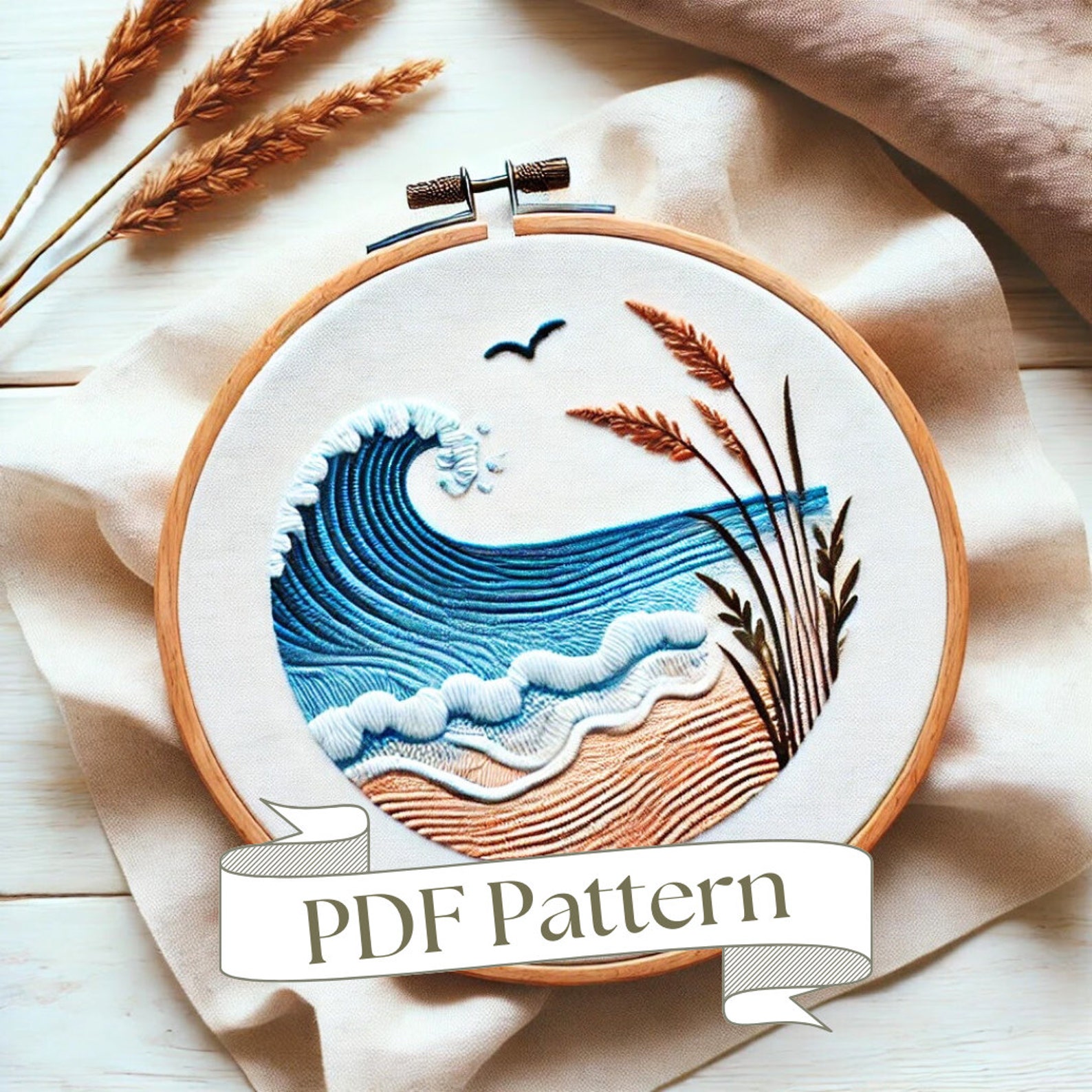 Ocean Waves Embroidery Pattern Beach Lover Handmade Gift Sea Embroidery ...