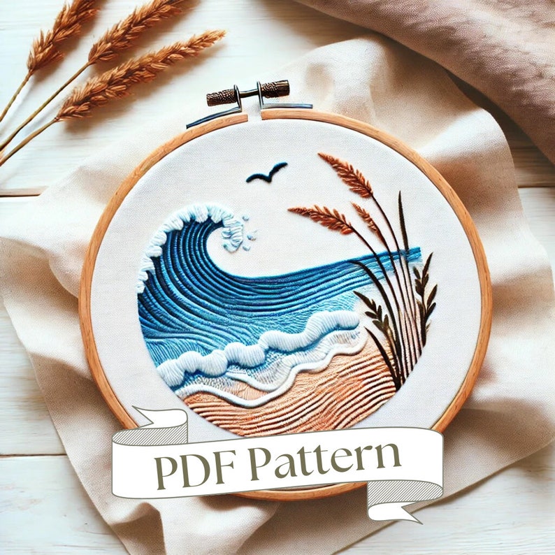 Ocean Waves Embroidery Pattern Beach Lover Handmade Gift Sea Embroidery ...