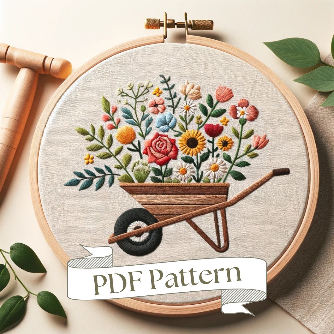 Floral Wheelbarrow Embroidery Pattern: Spring Flowers (PDF Pattern) - Etsy