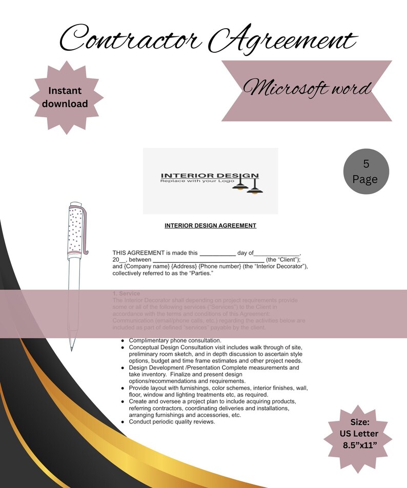Professional Interior Design Contract, Editable Templates, 5 Page, DIY ...