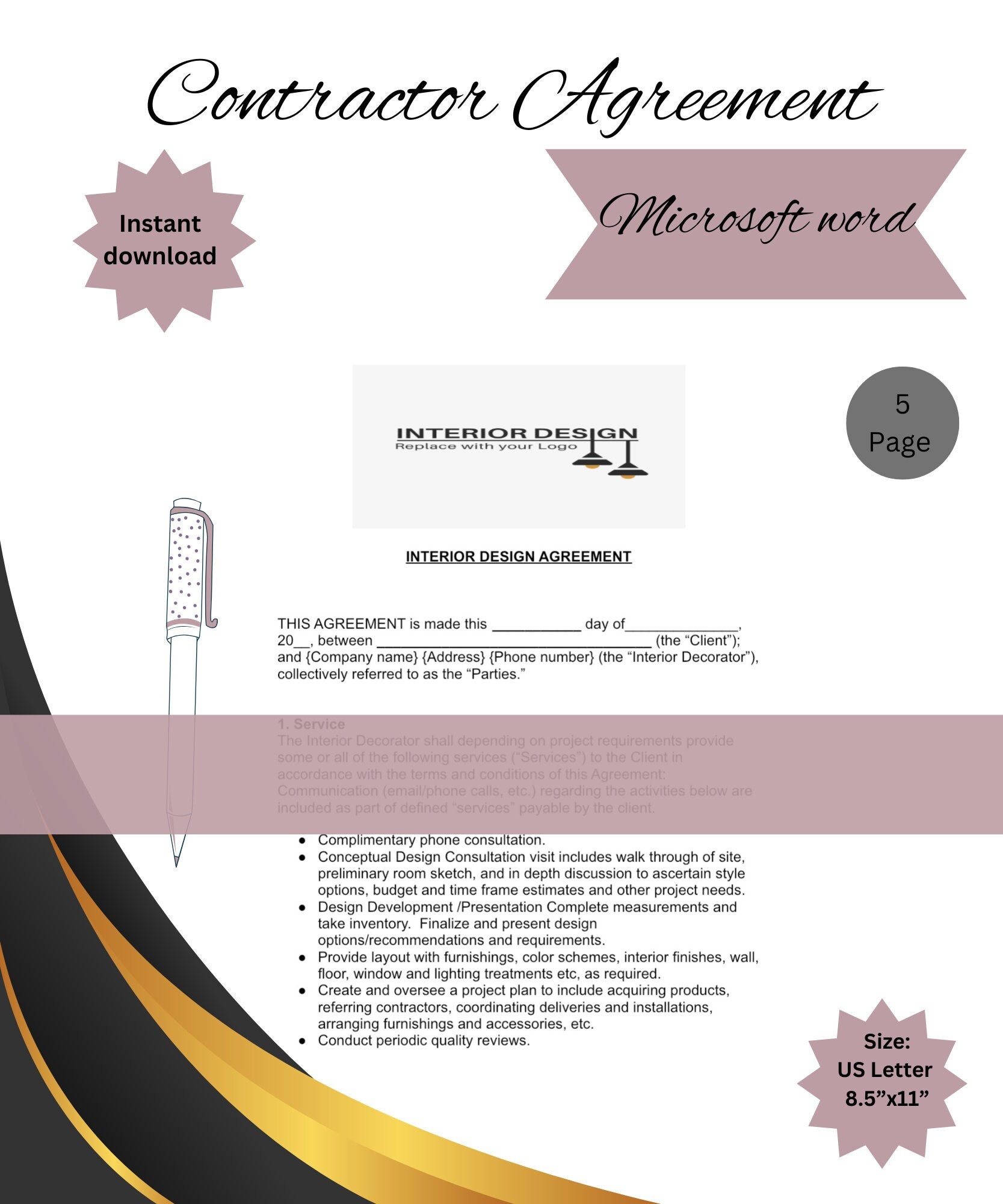 Professional Interior Design Contract, Editable Templates, 5 Page, DIY ...