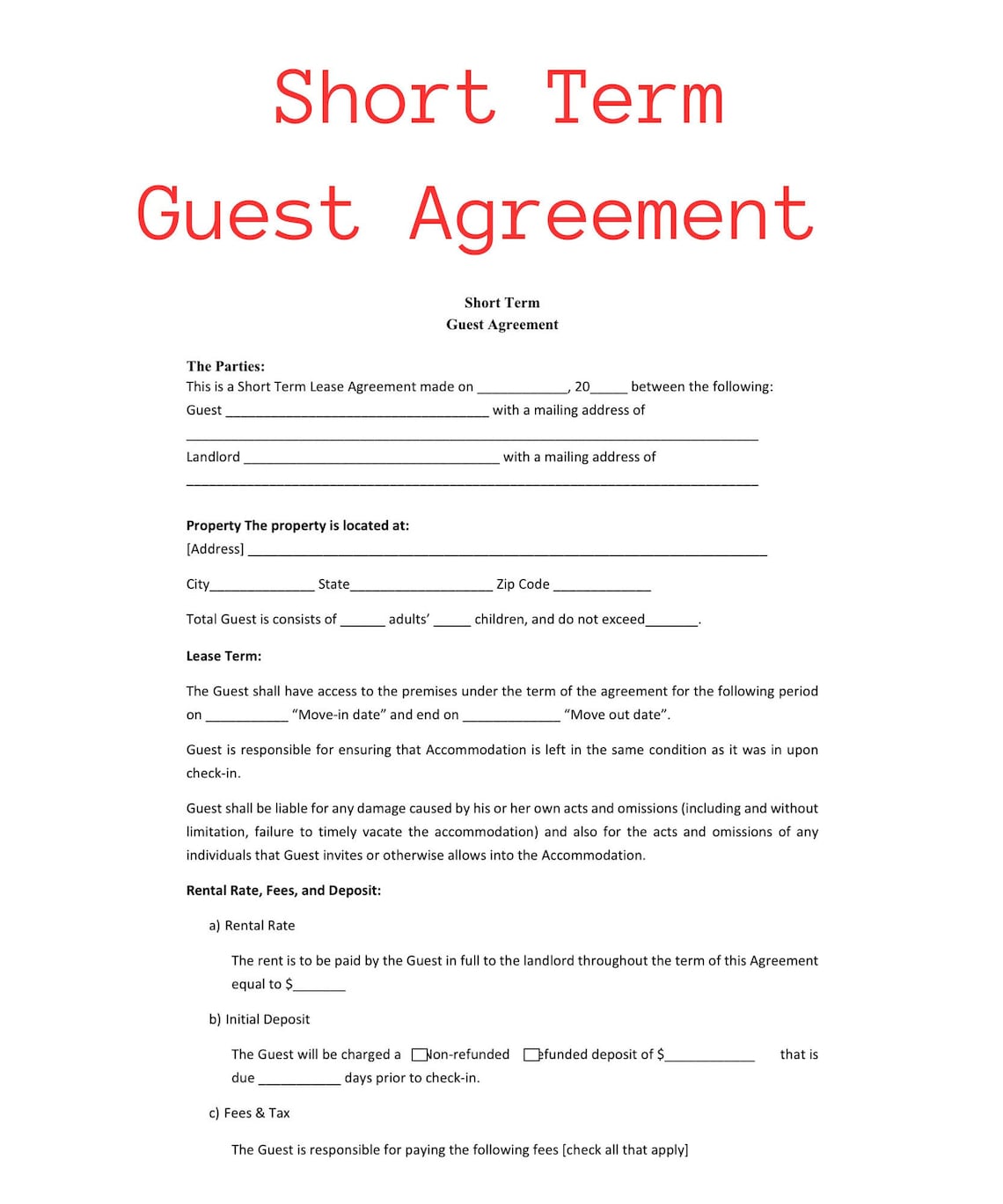 Short Term AIRBNB Rental Agreement, Guest Lease Agreement, Lease ...