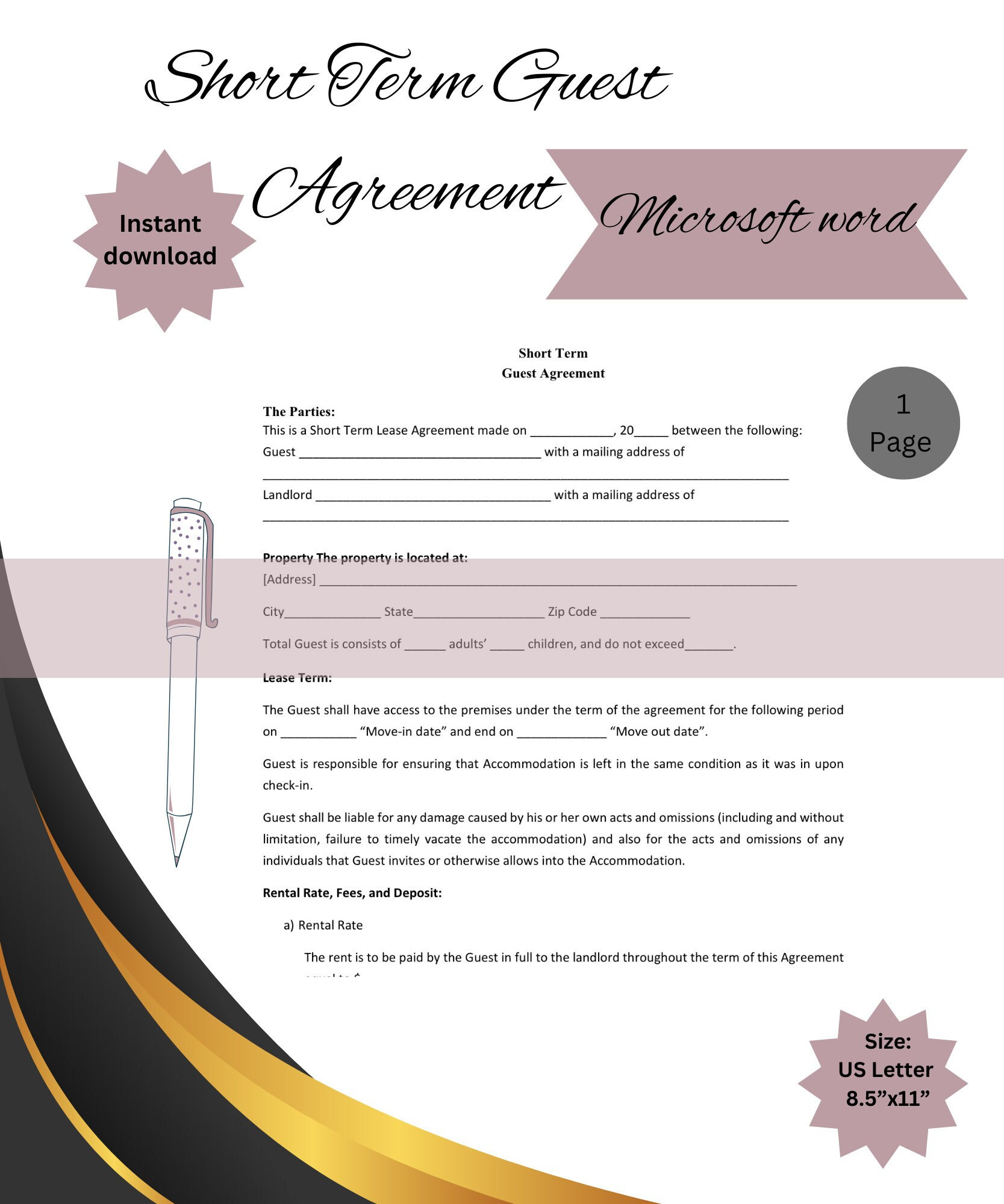 Short Term AIRBNB Rental Agreement, Guest Lease Agreement, Lease ...