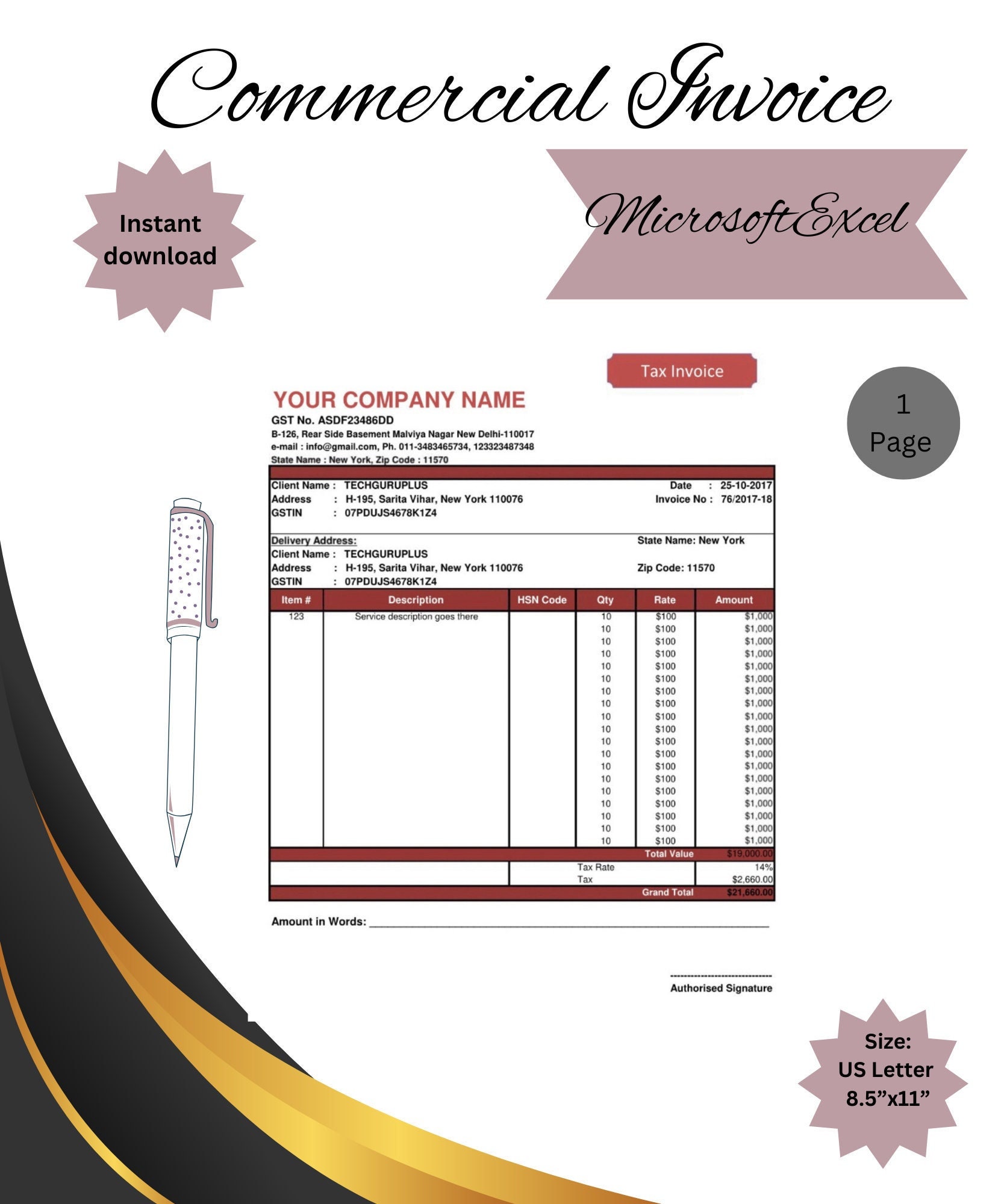 Invoice Editable Template, Printable Invoice, Payable Invoice ...