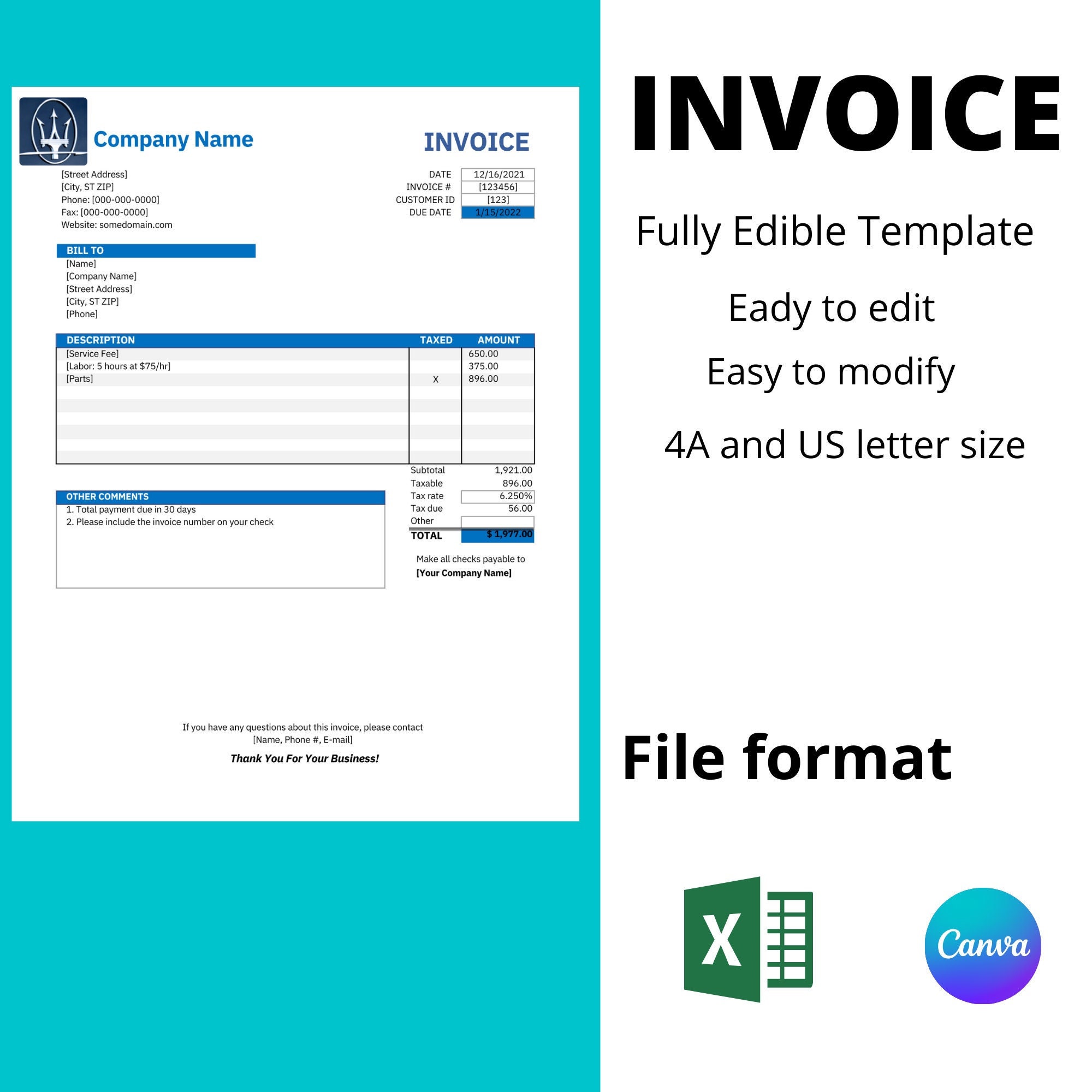Elegant Invoice Template Invoice Template Excel Instant - Etsy