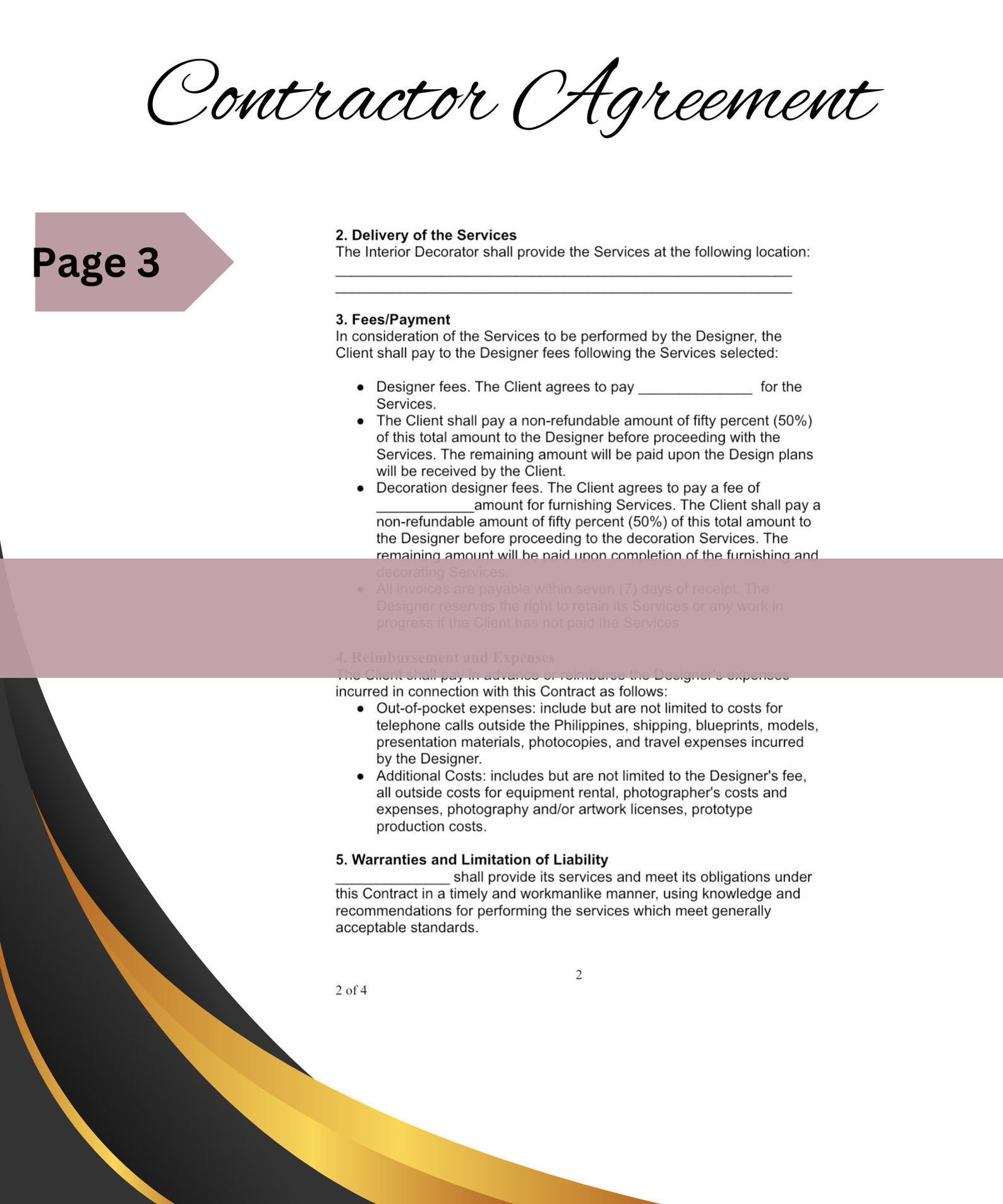 Professional Interior Design Contract, Editable Templates, 5 Page, DIY ...