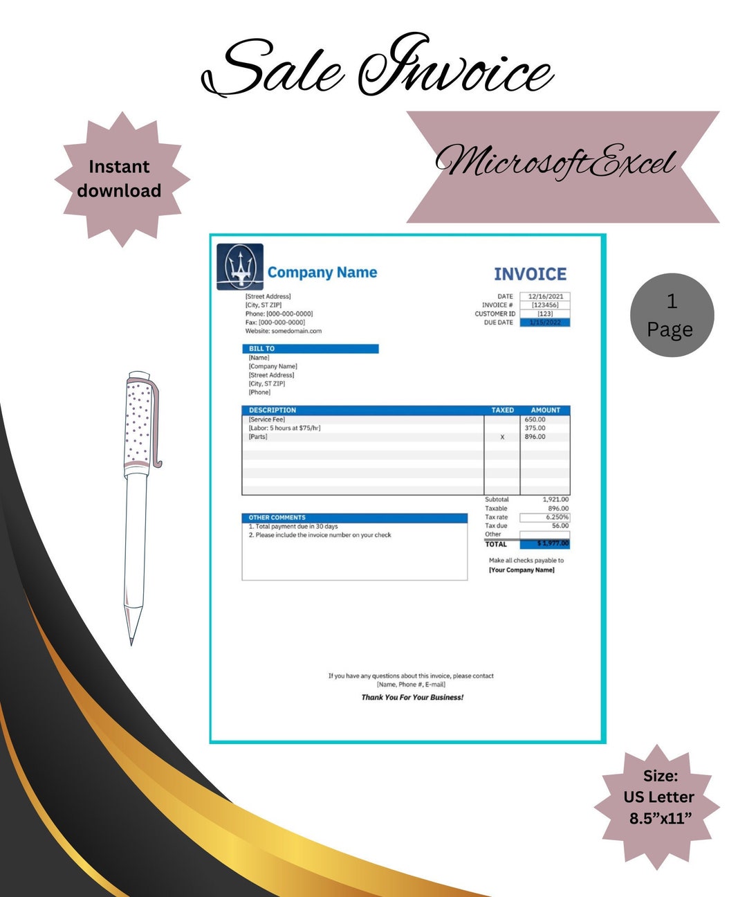 Elegant Invoice Template| Invoice Template Excel| Instant Downloadable ...