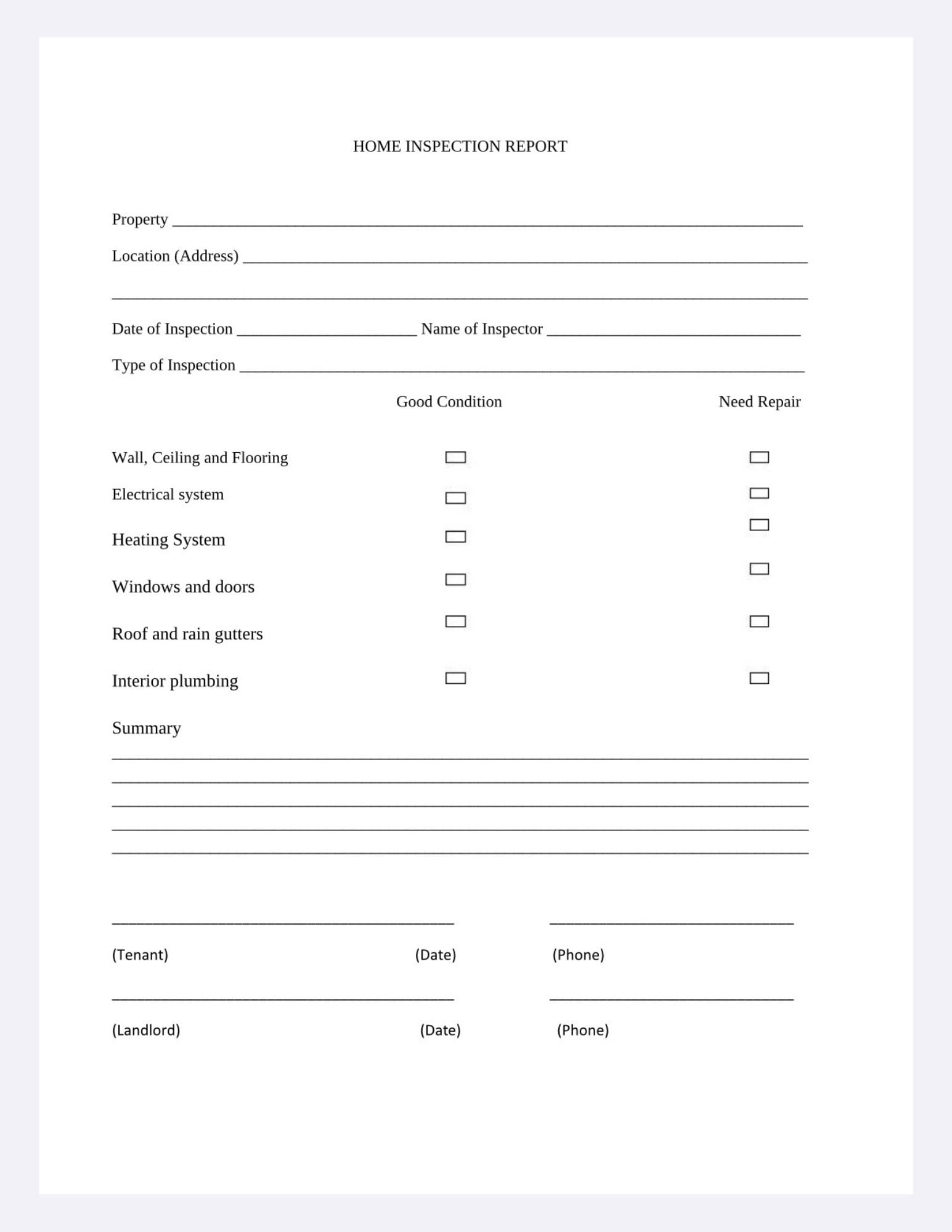 Move- in Checklists Form for Leasing Property to New Tenant Who Are ...