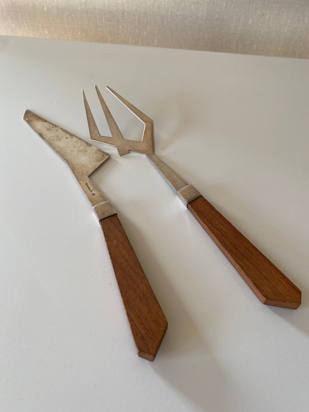 Midcentury Teak and Silver Cheese Fork and Knive - Etsy