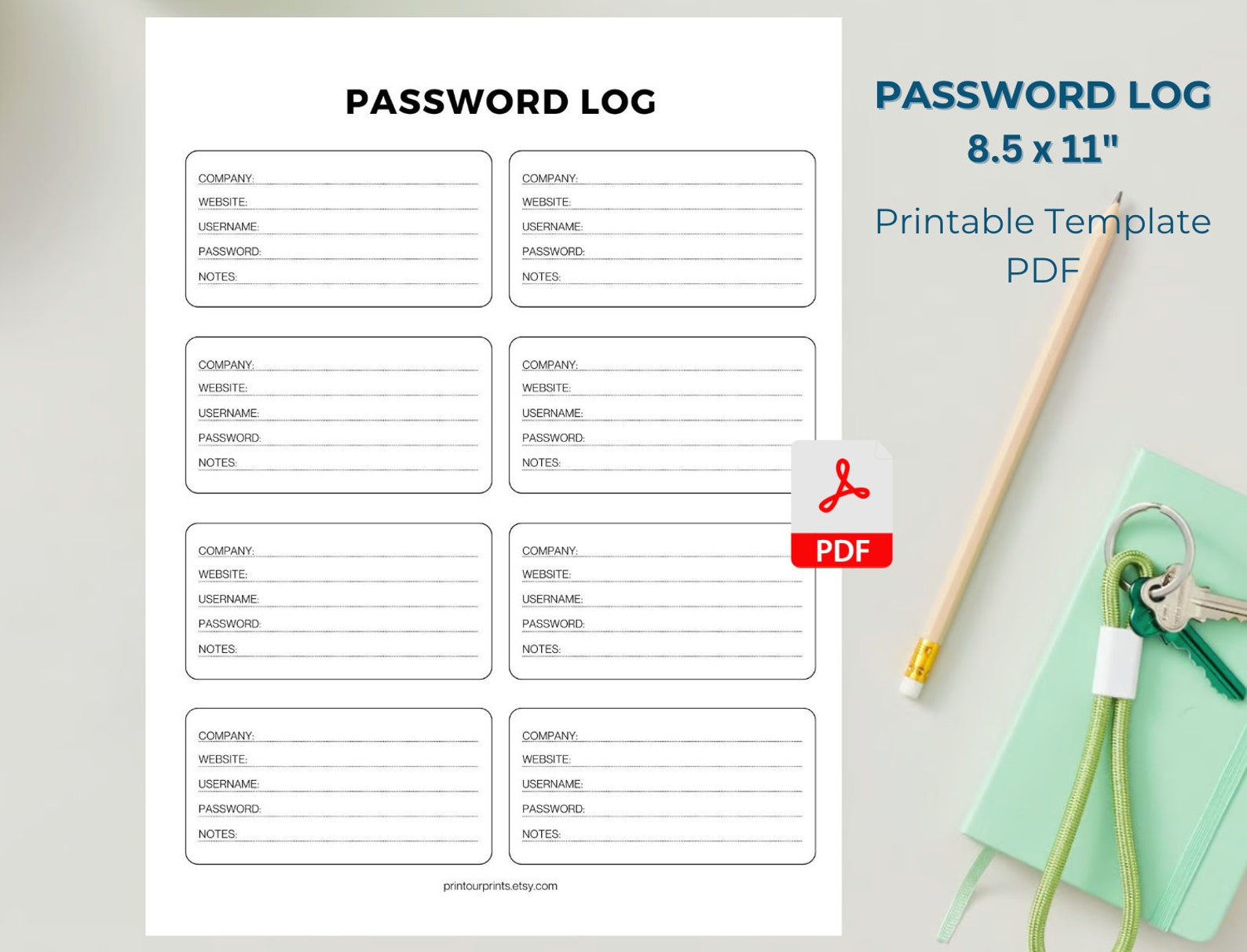 Password Log Printable Password Log PDF Printable Template for ...