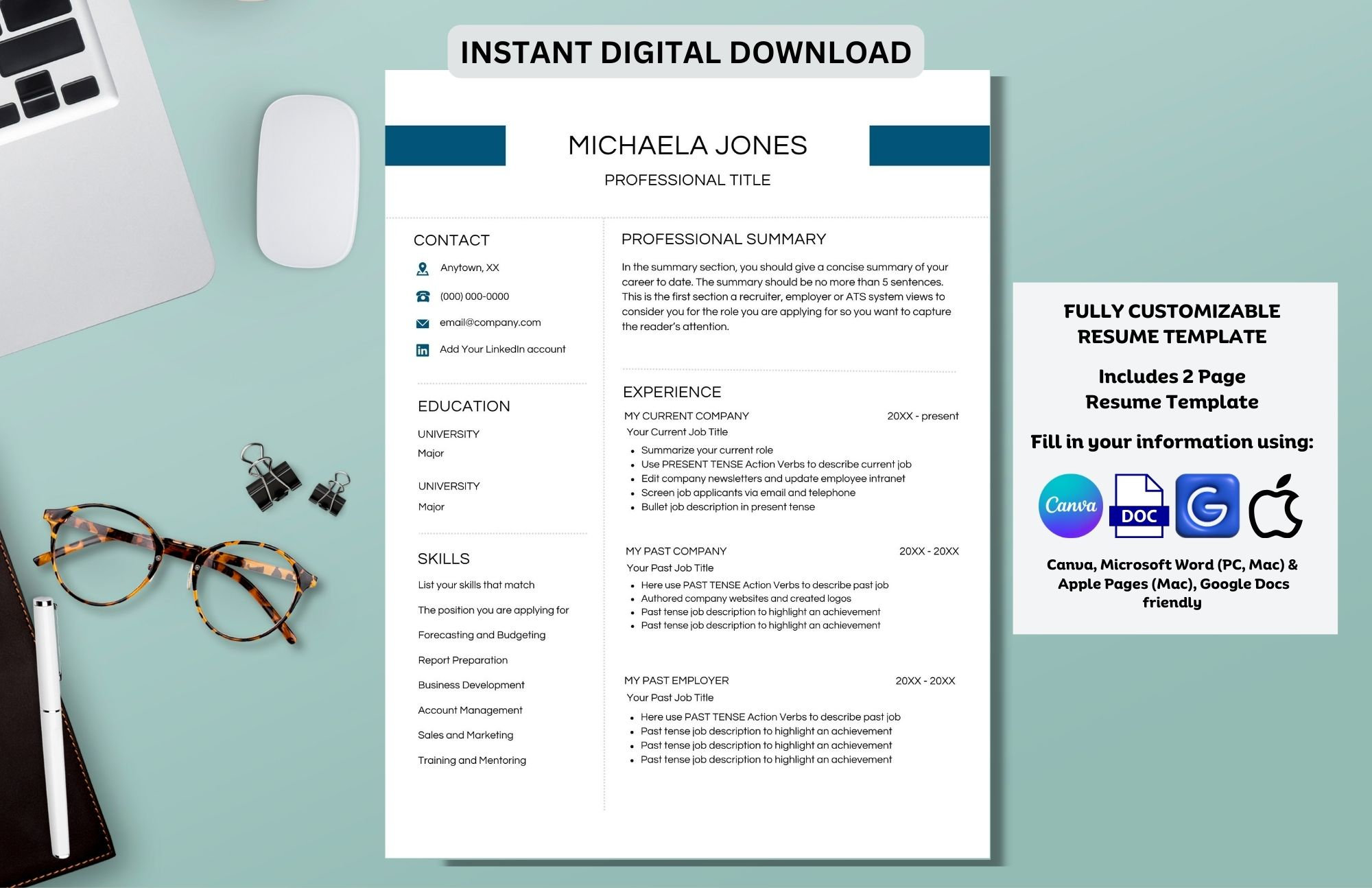 Digital Resume Template for Modern Resume Template for Job Search CV Curriculum Vitae ...