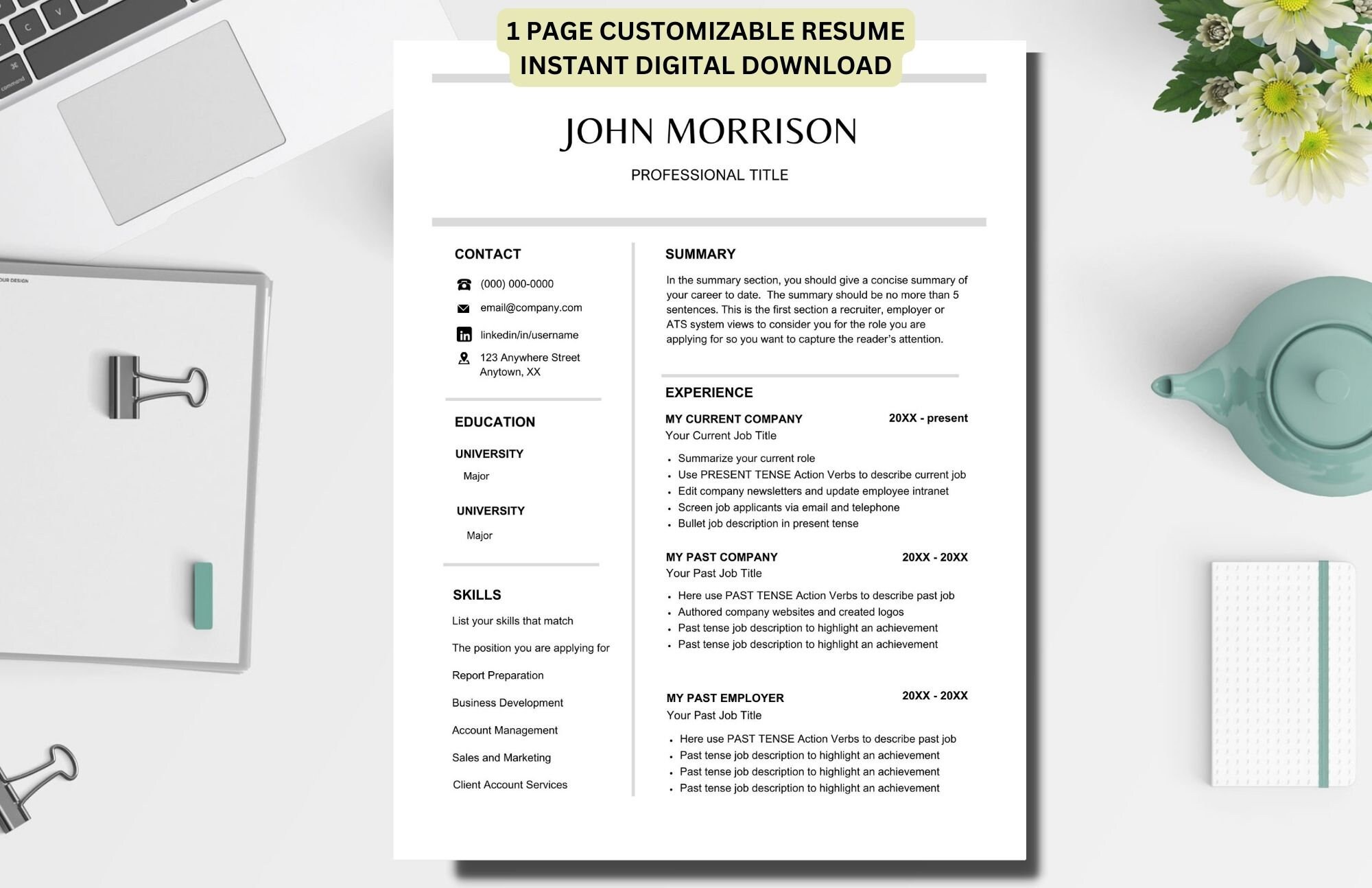Resume Template Clean Clear Modern Resume Digital Fillable Format ...
