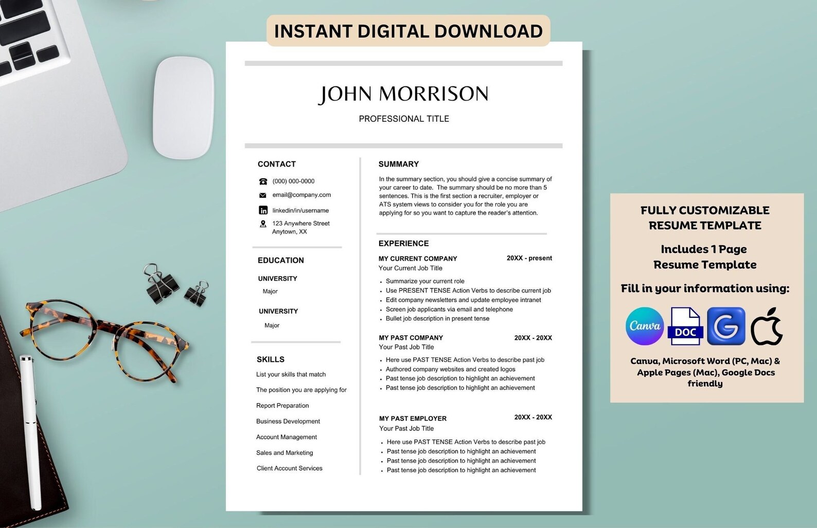 Resume Template Clean Clear Modern Resume Digital Fillable Format ...