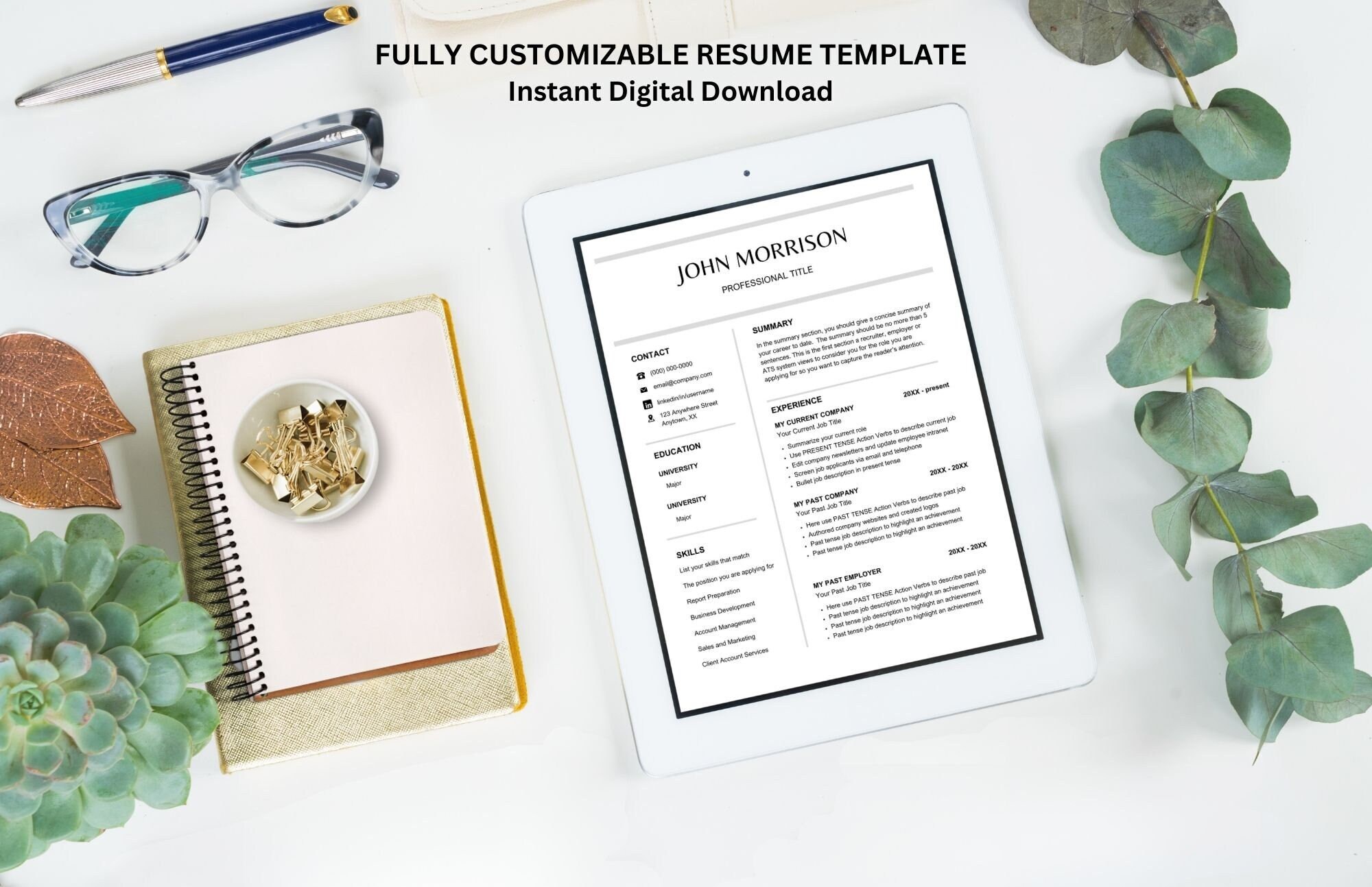 Resume Template Clean Clear Modern Resume Digital Fillable Format ...