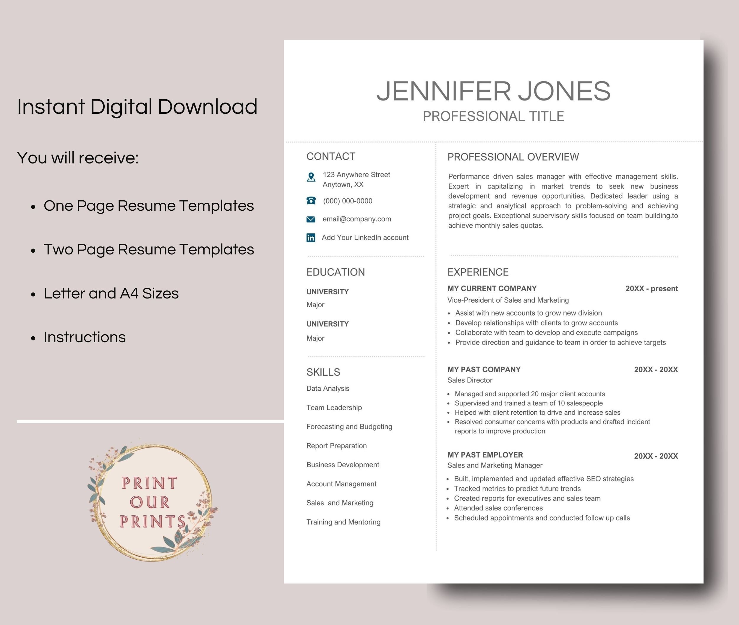 Modern Resume Template Digital Resume Template Minimalist Resume for ...