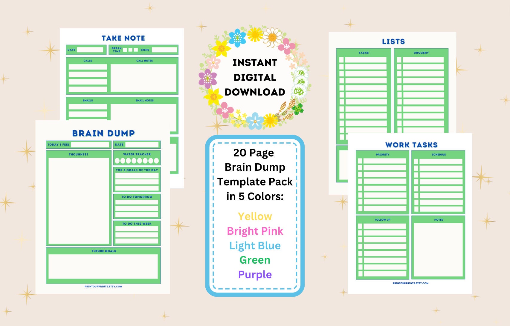 PRINTABLE Brain Dump Template for Thought Organization for Spring Brain ...