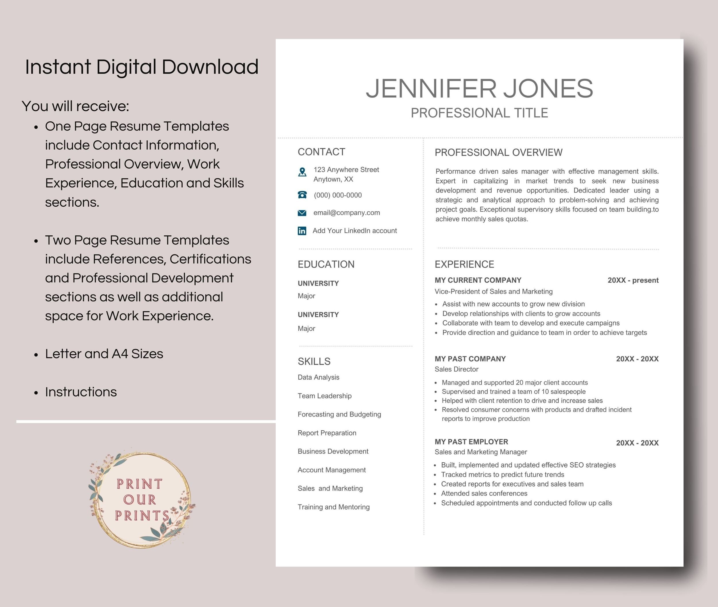 Modern Resume Template Digital Resume Template Minimalist Resume for ...