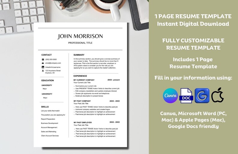 Resume Template Clean Clear Modern Resume Digital Fillable Format ...