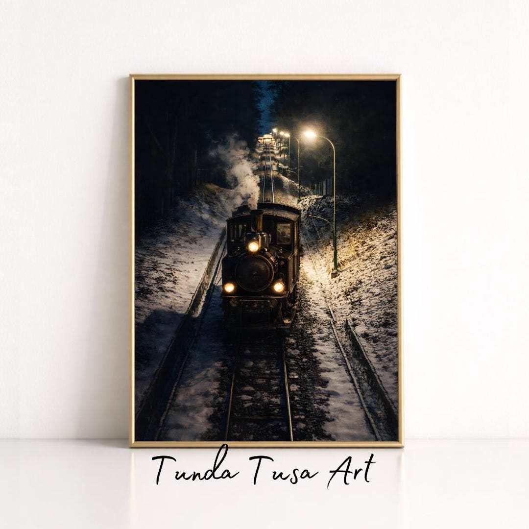 Vintage Train Printable Wall Art | Steam Locomotive Night Railway Scene ...
