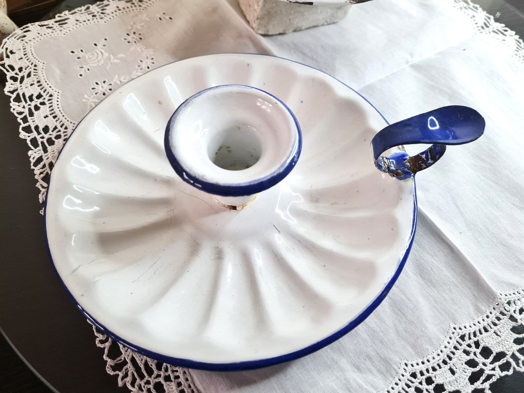 Antique Enamel Candle Holder Chamber Stick Candlestick Holder, Vintage ...