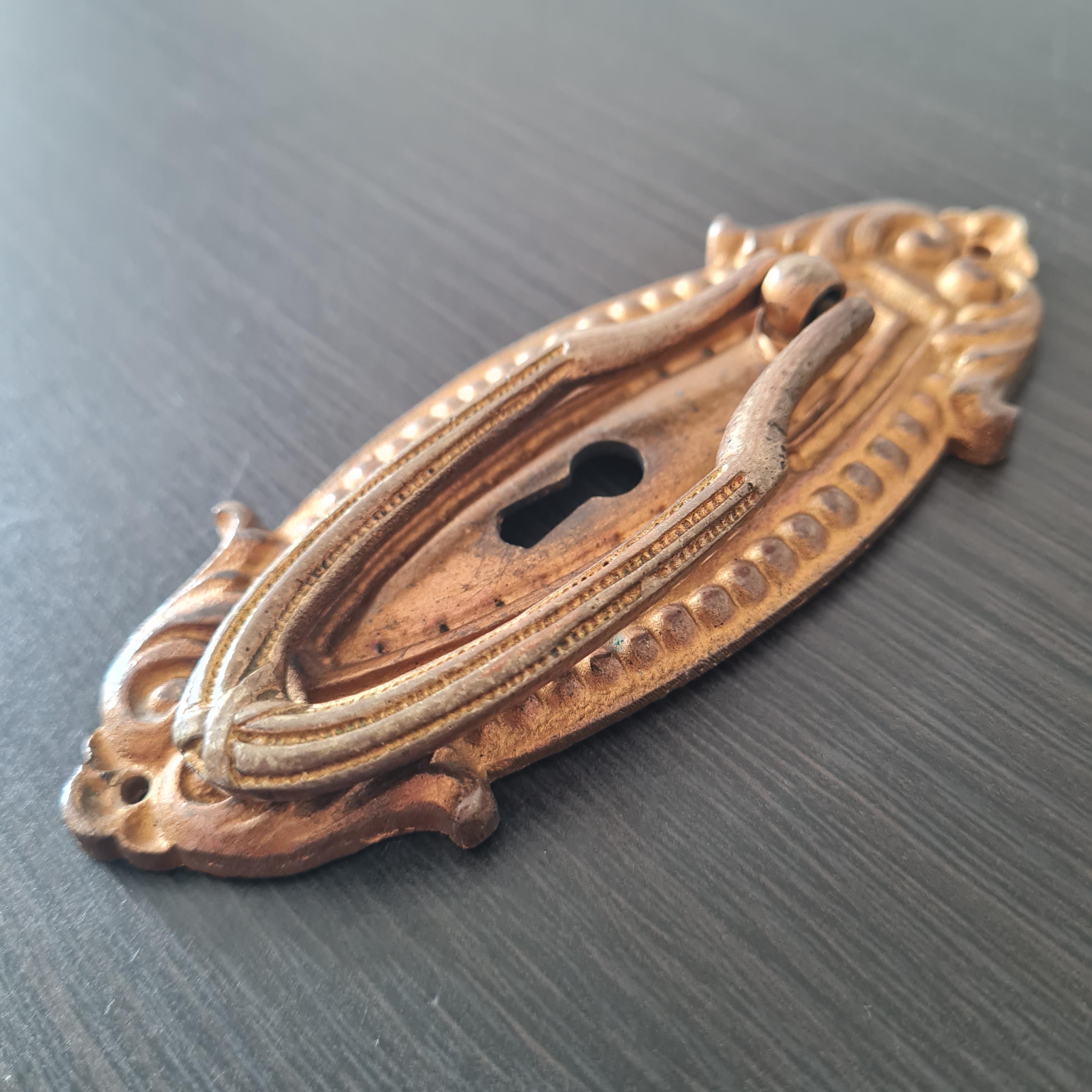 Antique Drawer Drop Pull Handle With Plate & Keyhole Cover Escutcheon ...