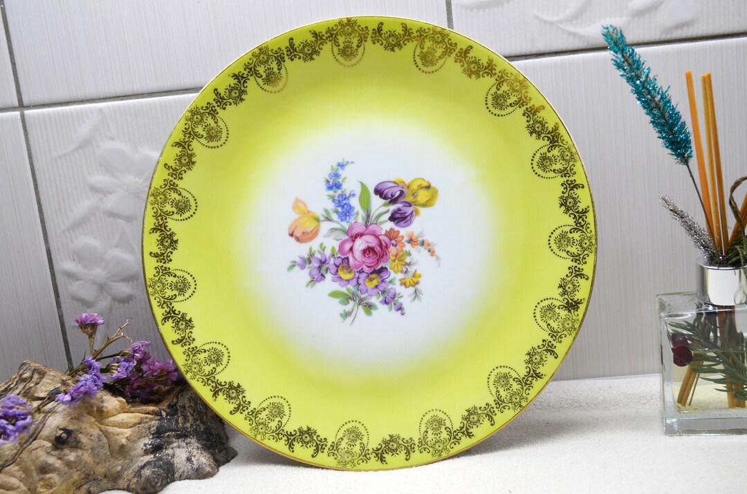 Yellow Rose Floral Dinner Plate 10in Gold Rimmed Forget Me - Etsy