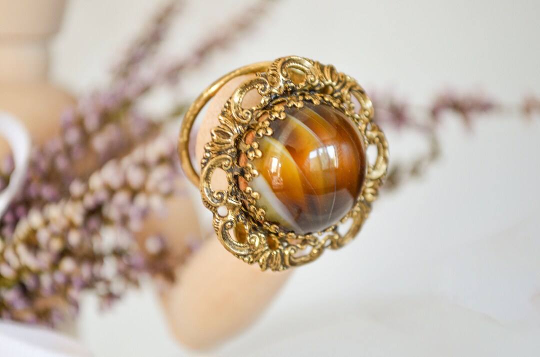 Gold Floral Filigree Scarf Clip Ring Slider With Brown Art Glass ...