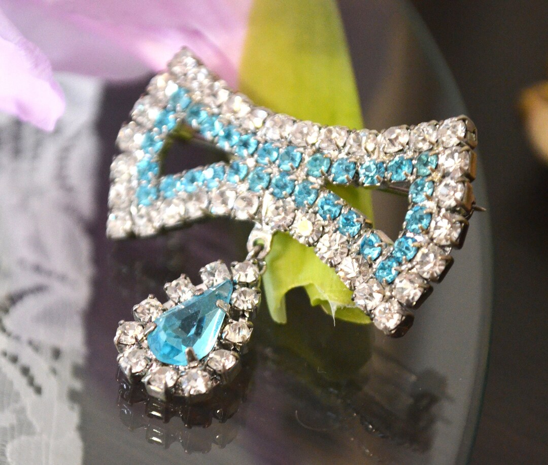 Teal Rhinestone Bow Brooch With Teardrop, Vintage Aqua Light Blue ...