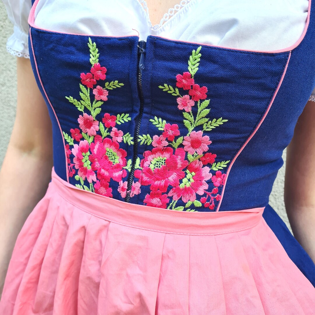 Blue Dirndl Dress Floral Embroidery & Pink Apron Size S-M, Vintage Folk ...
