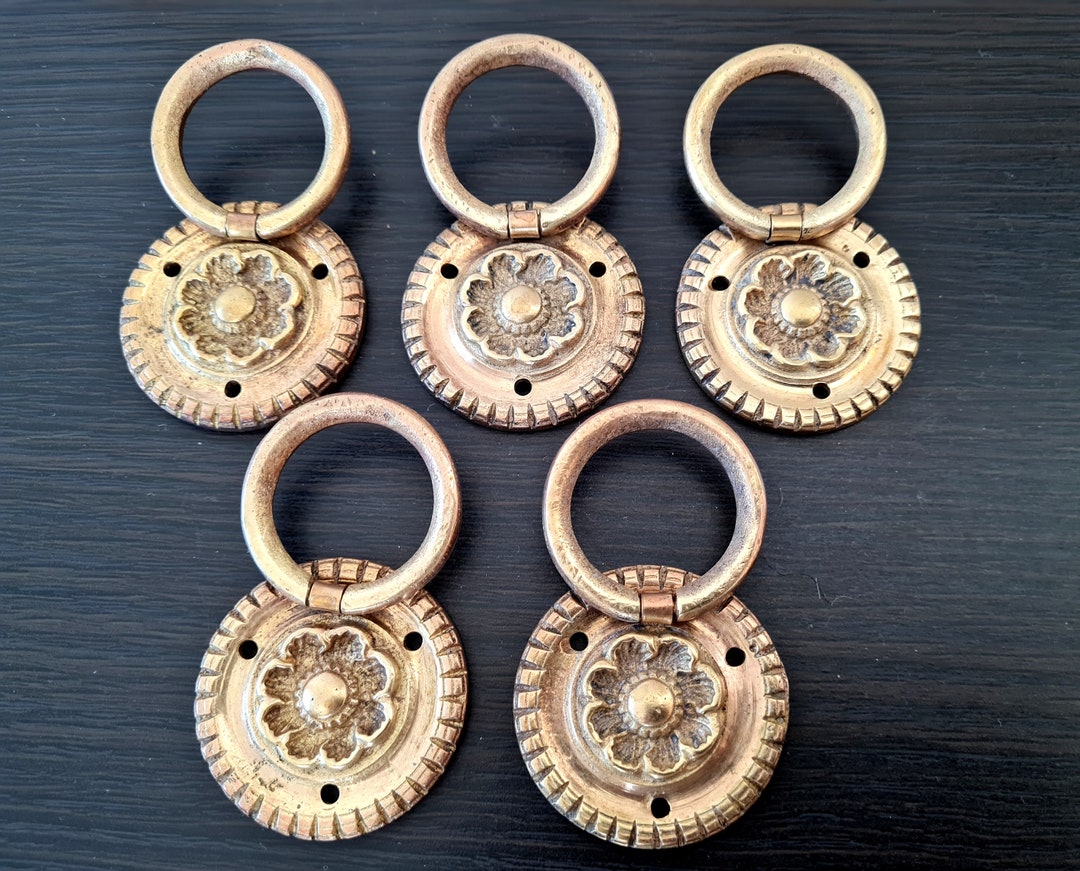 Antique Brass Drop Ring Drawer Pull, Round Ornate Kitchen Cabinet Knob Handle Pull Furniture ...