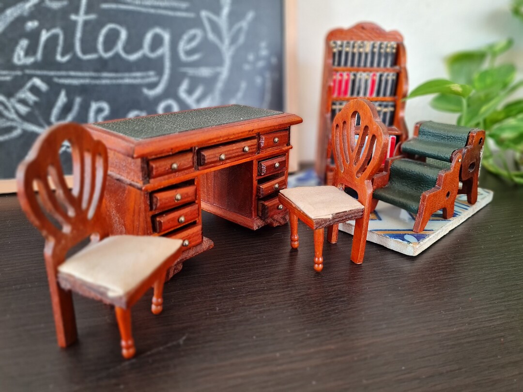 Vintage Doll House Library Furniture Set 1:12, Wooden Table 2 Chairs ...