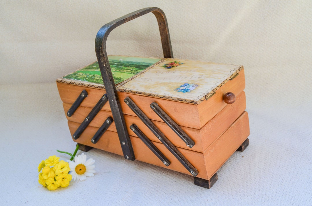 Vintage Small Wood Sewing Box, Wooden Accordion Folding Box, Supplies ...