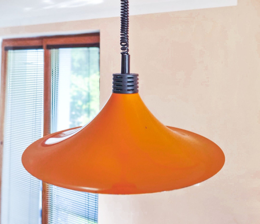 Modern 70s Orange Pull Down Pendant Light, Dining Room Space Age Atomic ...