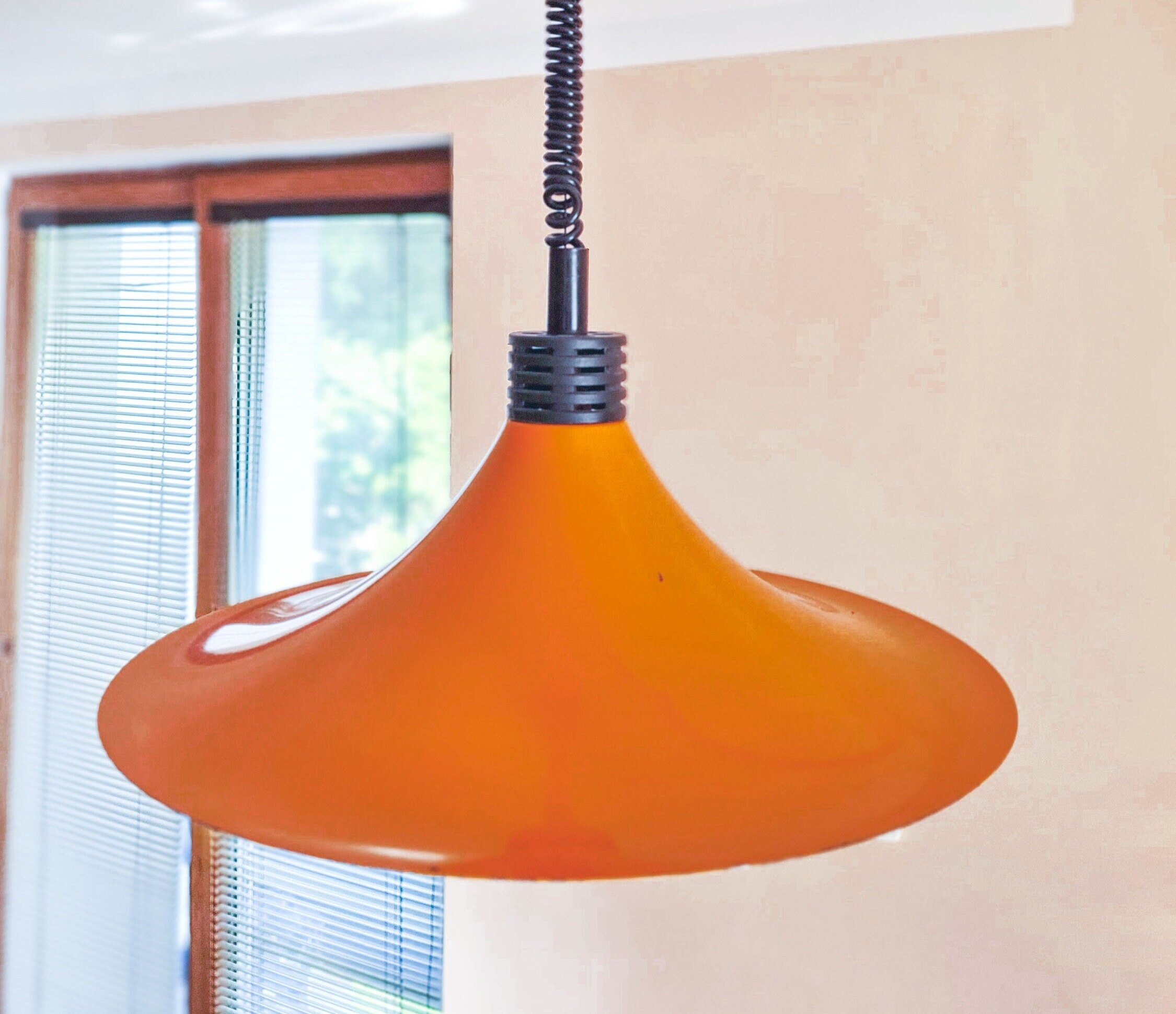 Modern 70s Orange Pull Down Pendant Light, Dining Room Space Age Atomic ...