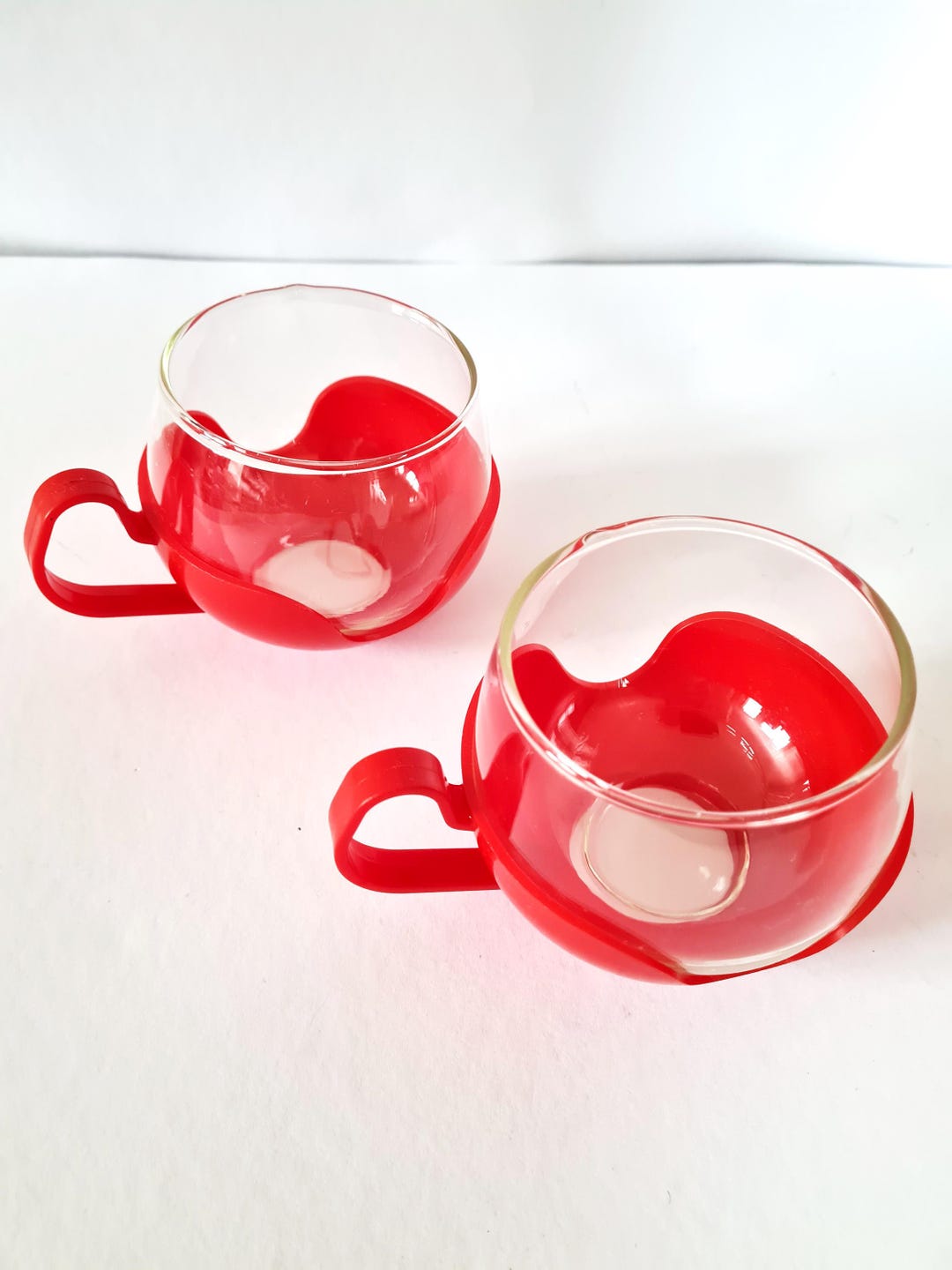 Vintage Melitta Glass Tea Cups in Red Plastic Holders Set of 2, Roly ...