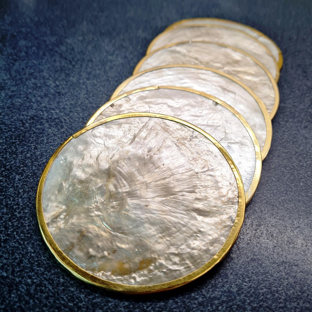 Set of 6 Set Mother-of-pearl Capiz Shell Coasters Gold Rims, Mid ...