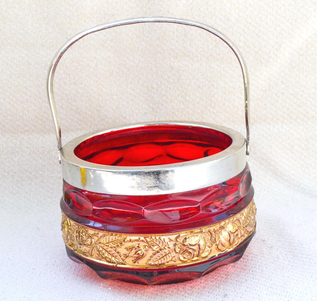 Vintage Ruby Red Glass Biscuit Jar With Ornate Gold Floral Band ...