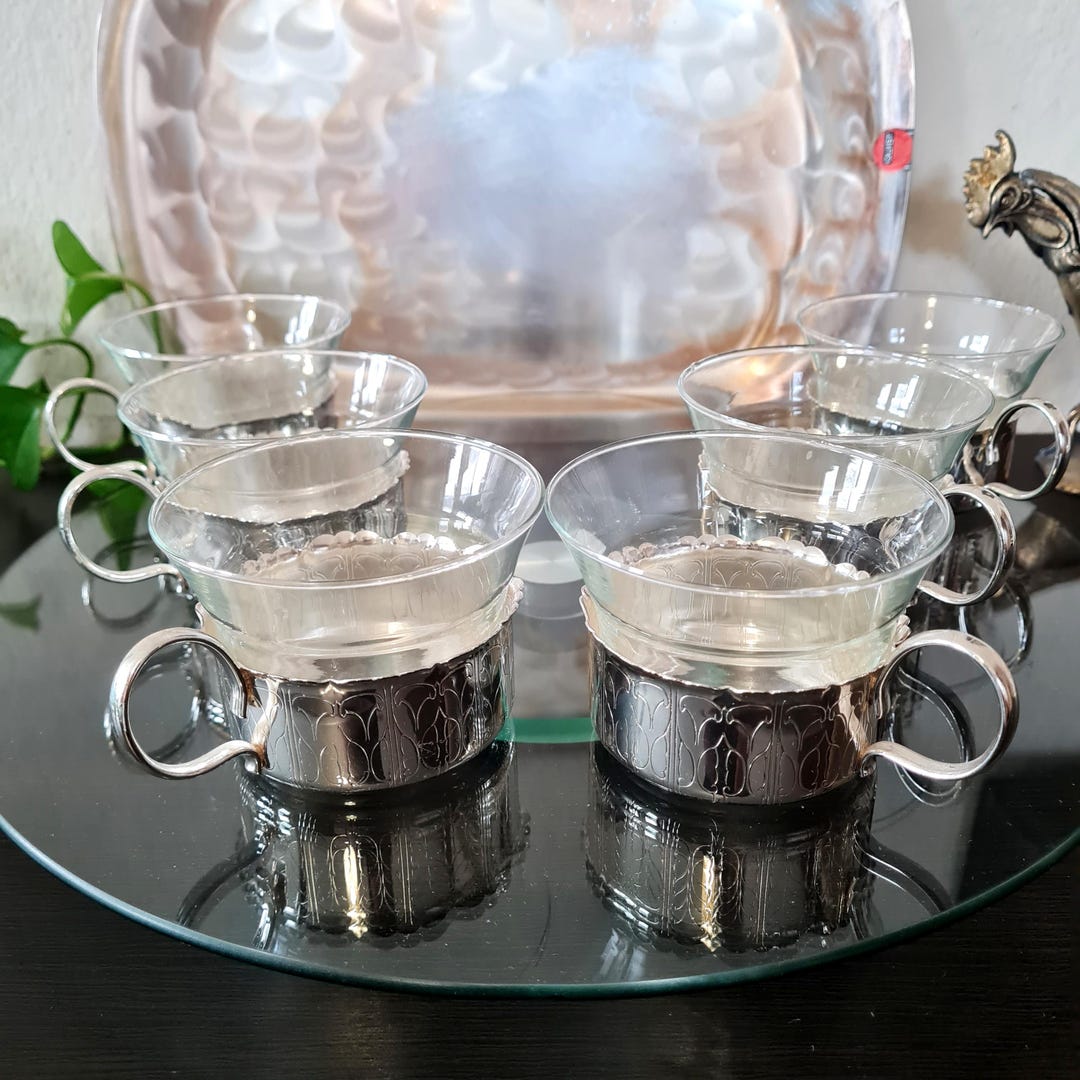 Set 6 Glass Cups in Silver Metal Holders Quist W. Germany 60s With ...