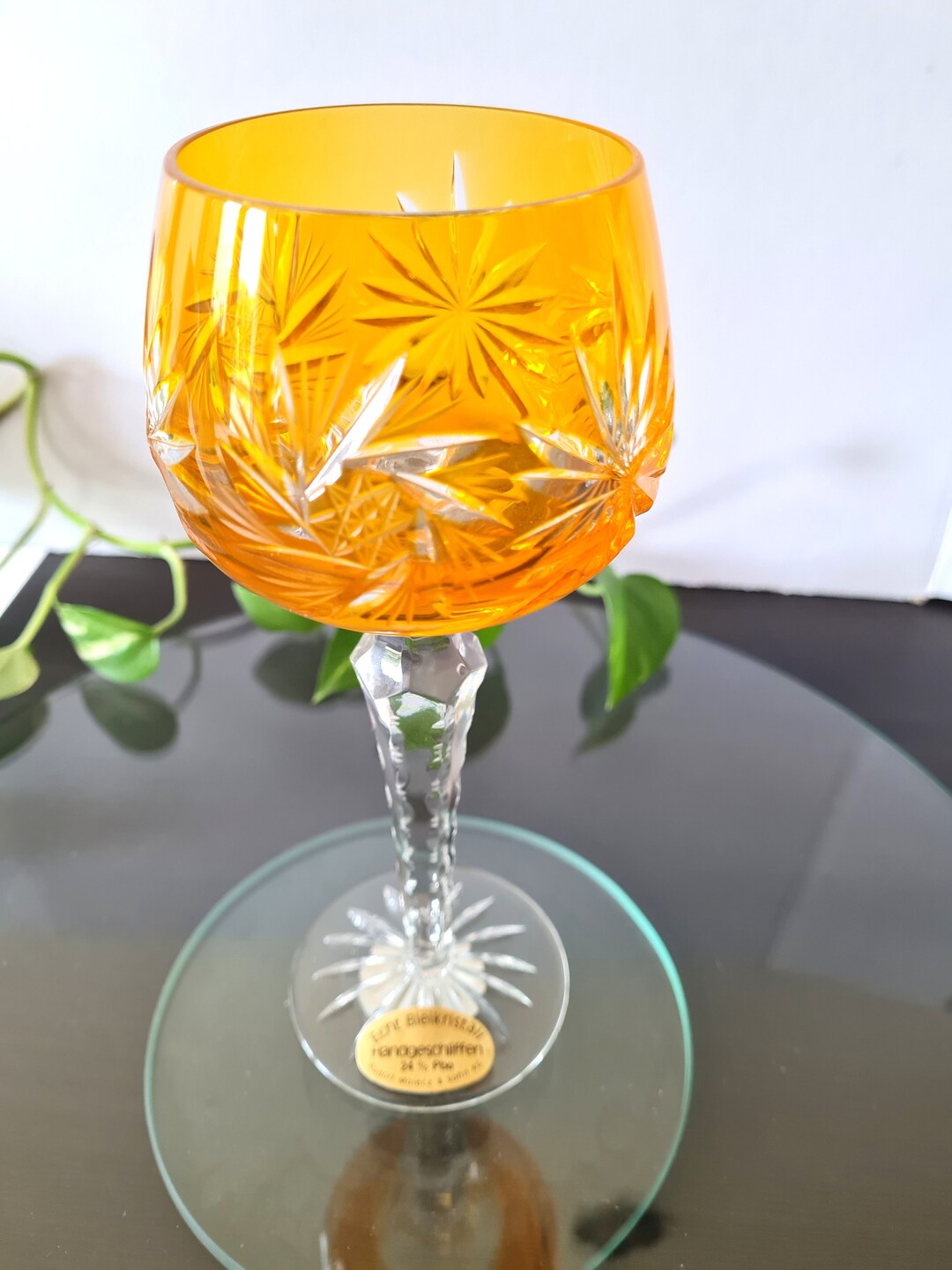 Bohemian Wine Glass, Yellow Cut Crystal Goblet Stemed Colored Lead ...